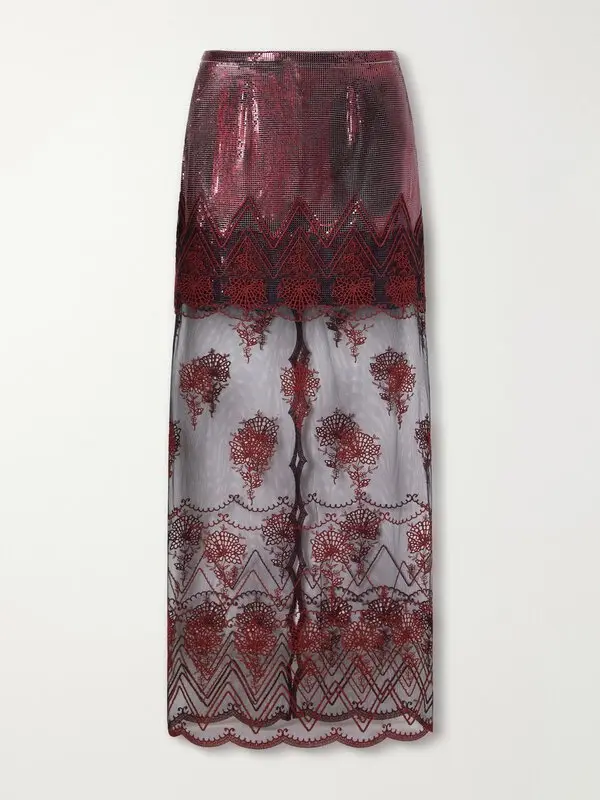 Rabanne Layered Embroidered Chainmail Maxi Skirt - Purple