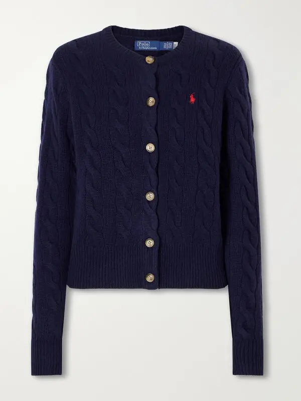 Polo Ralph Lauren Wool And Cashmere-blend Cable Knit Cardigan With Embroidered Logo - Blue