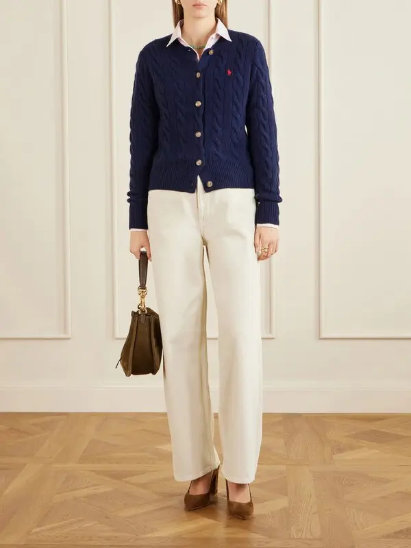 Polo Ralph Lauren Wool And Cashmere-blend Cable Knit Cardigan With Embroidered Logo - Blue
