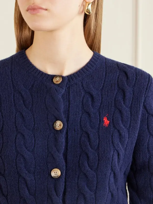 Polo Ralph Lauren Wool And Cashmere-blend Cable Knit Cardigan With Embroidered Logo - Blue
