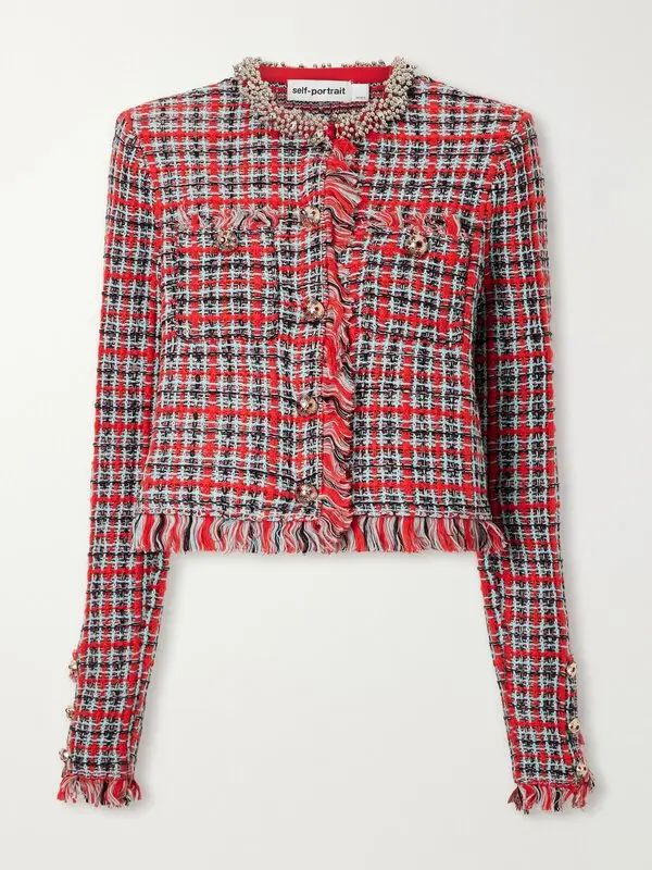 SELF-PORTRAIT Embellished Cotton And Wool-blend Bouclé-knit Cropped Jacket With Frayed Edges - Red