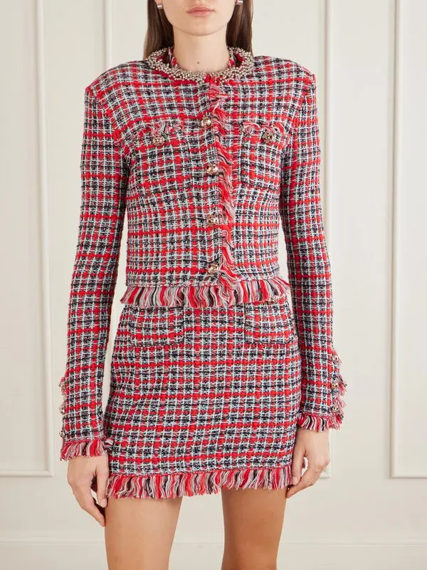 SELF-PORTRAIT Embellished Cotton And Wool-blend Bouclé-knit Cropped Jacket With Frayed Edges