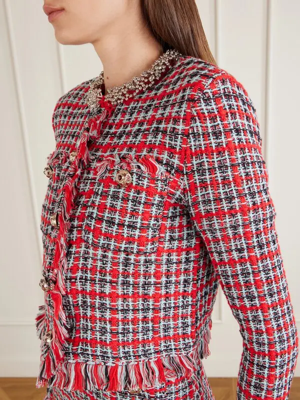 SELF-PORTRAIT Embellished Cotton And Wool-blend Bouclé-knit Cropped Jacket With Frayed Edges