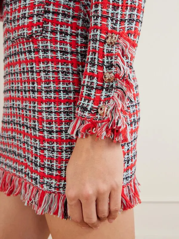 SELF-PORTRAIT Embellished Cotton And Wool-blend Bouclé-knit Cropped Jacket With Frayed Edges