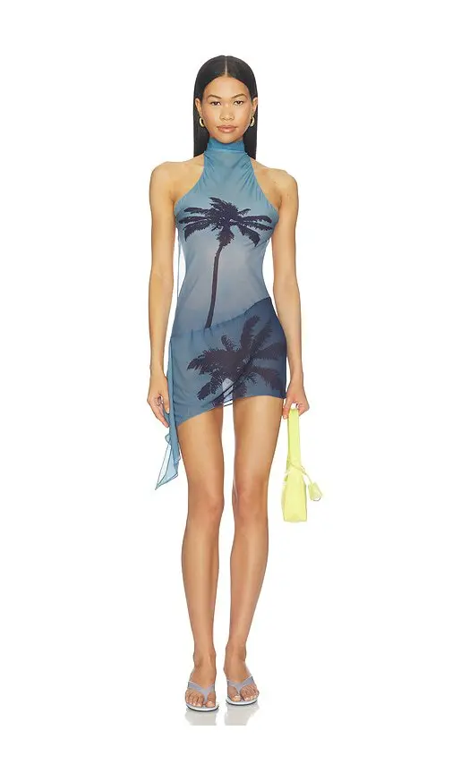 1XBLUE Palm Twist Back Mini Dress - Blue