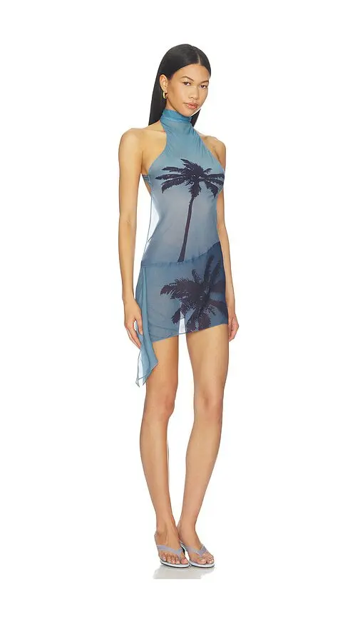 1XBLUE Palm Twist Back Mini Dress