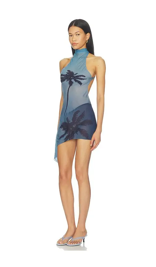 1XBLUE Palm Twist Back Mini Dress