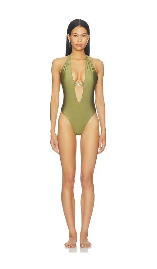 RUNAWAY THE LABEL Deep-v Halterneck One-piece Swimsuit - Olive