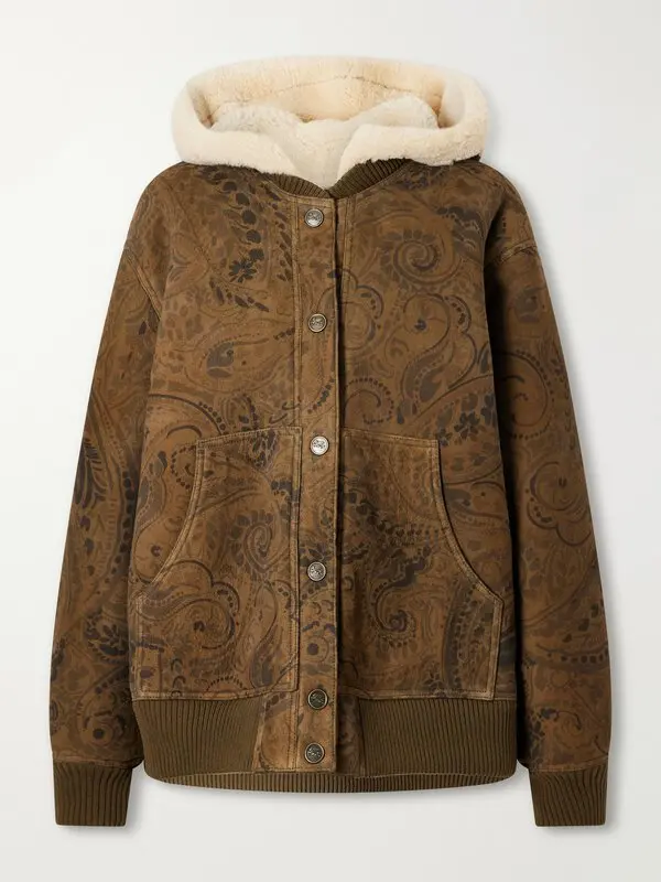 Etro Printed Suede Shearling Hooded Jacket