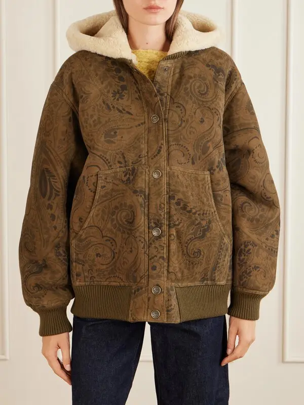 Etro Printed Suede Shearling Hooded Jacket - Green