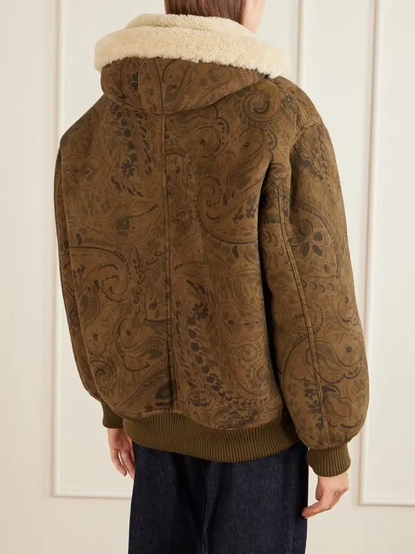 Etro Printed Suede Shearling Hooded Jacket - Green