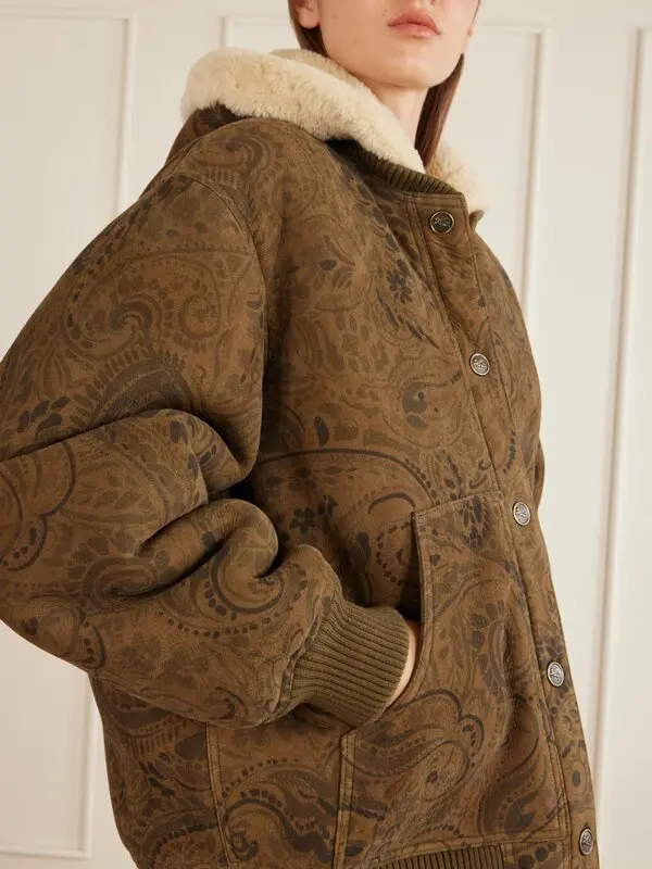 Etro Printed Suede Shearling Hooded Jacket - Green