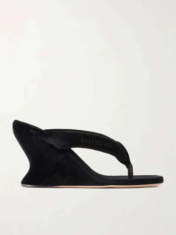 Balenciaga Gaeta 90 Velvet Wedge Sandals - Black