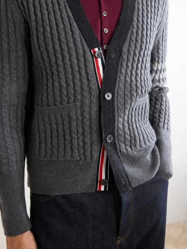 Thom Browne Cable-knit Virgin Wool Cardigan - Gray