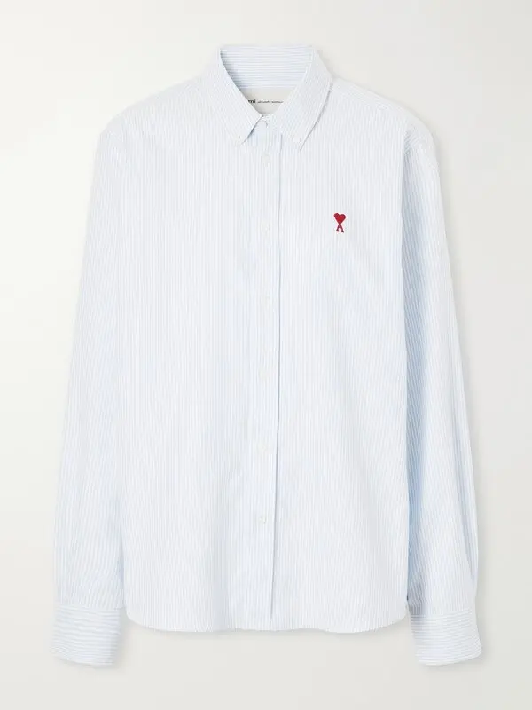 AMI Paris Embroidered Striped Cotton Oxford Shirt