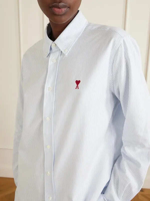 AMI Paris Embroidered Striped Cotton Oxford Shirt