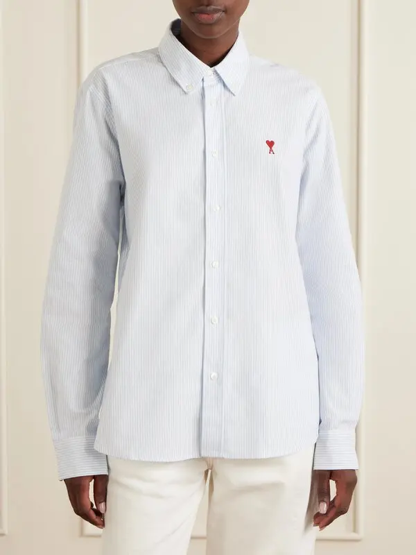 AMI Paris Embroidered Striped Cotton Oxford Shirt