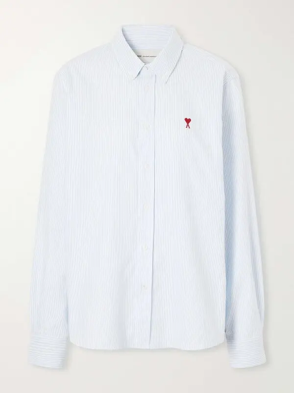 AMI Paris Embroidered Striped Cotton Oxford Shirt - Light Blue