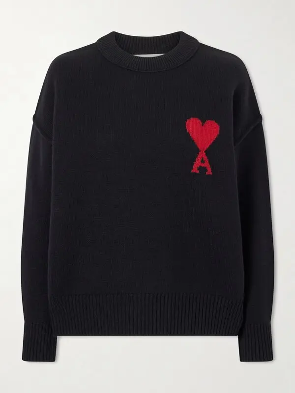 AMI Paris Intarsia Wool Sweater - Black