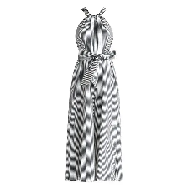 PAISIE Striped Halterneck Cotton Jumpsuit - Blue/white