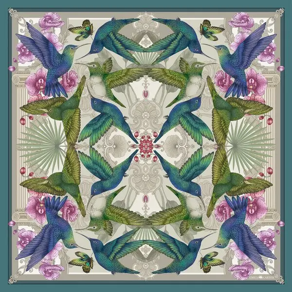EMILY CARTER Green / Grey The Hummingbird Temple Silk Scarf L