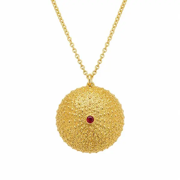 MOTHER NATURE JEWELRY Sea Urchin Necklace With Red Zircon, Handmade Sea Pendant Nature Jewelry, Recycled Brass - Gold