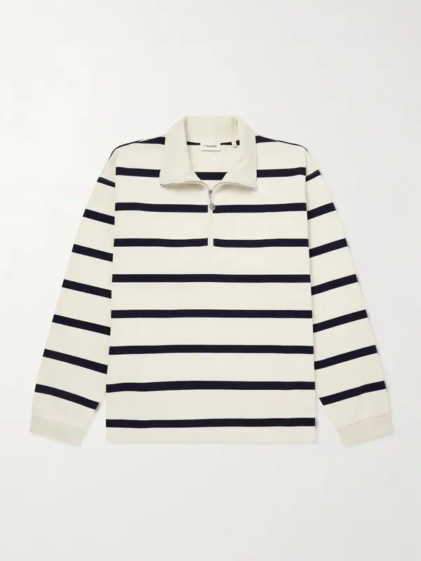 FRAME Striped Cotton Quarter Zip Sweater - Neutrals