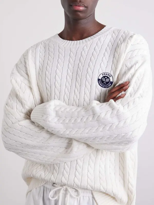 FRAME Logo-embroidered Cable-knit Cotton And Wool-blend Sweater