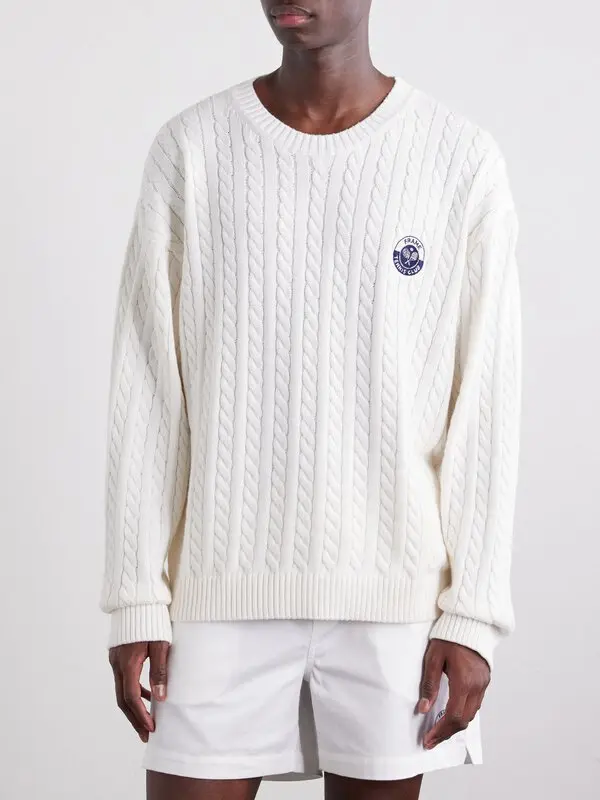 FRAME Logo-embroidered Cable-knit Cotton And Wool-blend Sweater
