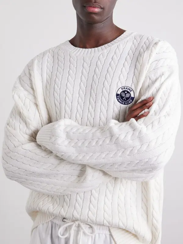 FRAME Logo-embroidered Cable-knit Cotton And Wool-blend Sweater