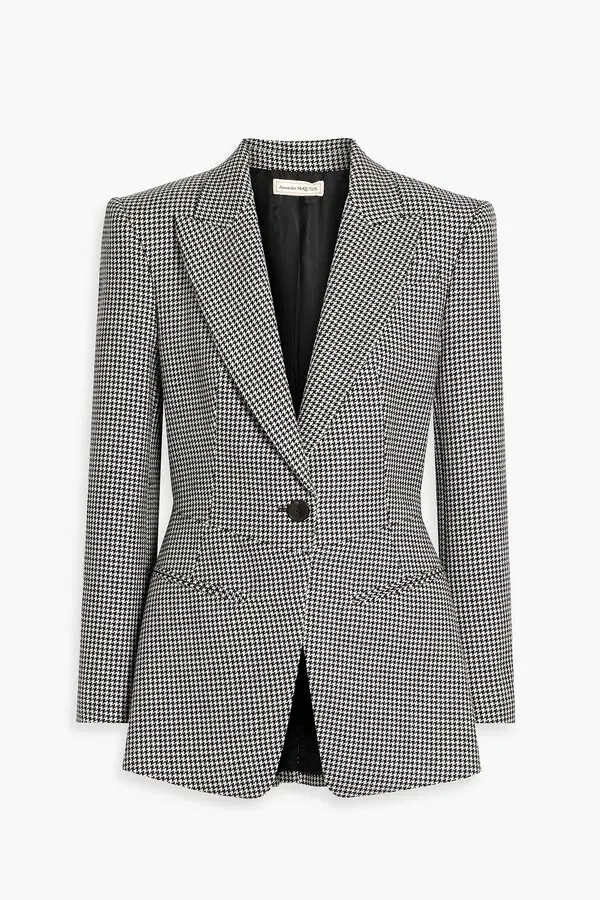 Alexander McQueen Pleated Houndstooth Wooltweed Blazer