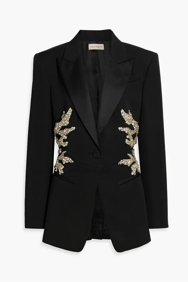 Alexander McQueen Embellished Pleated Grain De Poudre Wool Blazer