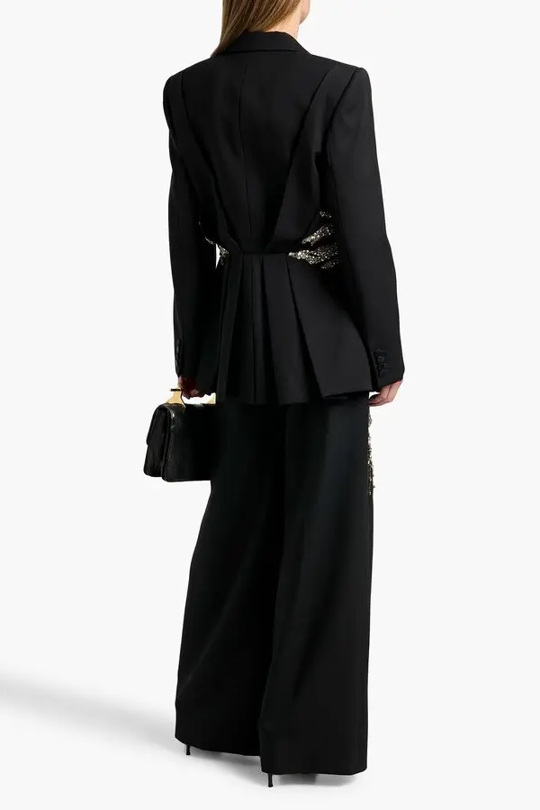 Alexander McQueen Embellished Pleated Grain De Poudre Wool Blazer