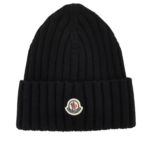 Moncler Wool Beanie Hat With Logo Patch - Black
