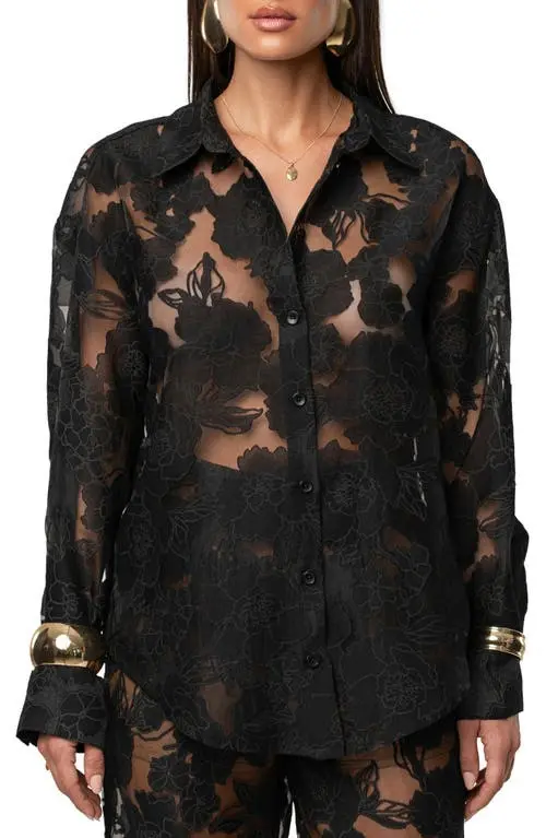 JLUXLABEL Embroidered Floral Cotton Blend Organza Button-up Shirt - Black