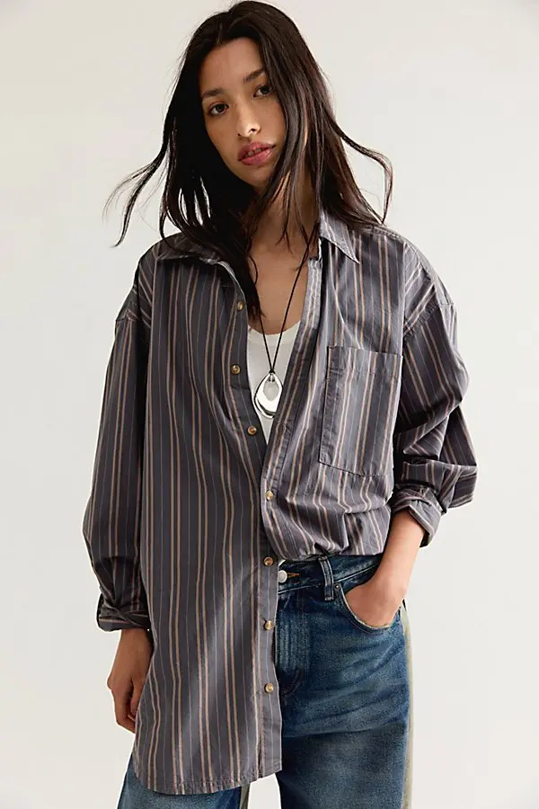 Free People Freddie Striped Shirt - Grey Combo