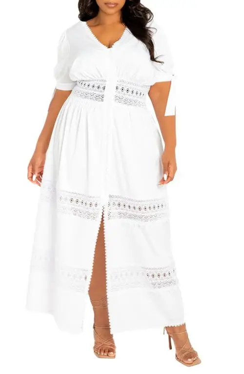 BUXOM COUTURE Puff Sleeve Lace Maxi Dress - White