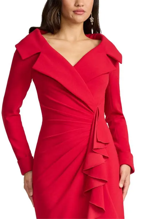 Tadashi Shoji Cascade Ruffle Long Sleeve Gown