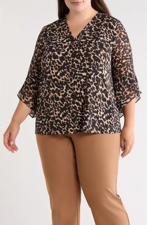 Anne Klein Mixed Media Split Neck Top - Vicuna Multi