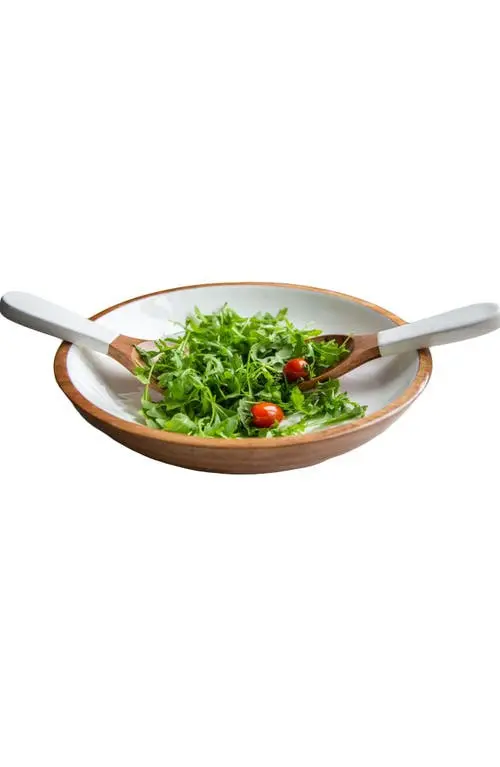 JEANNE FITZ Wood + White Collection Large Salad Bowl & Servers Set