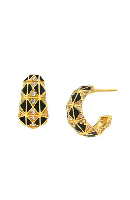 SYNA JEWELS 18k Yellow Gold Diamond And Enamel Hoop Earrings - Black Enamel