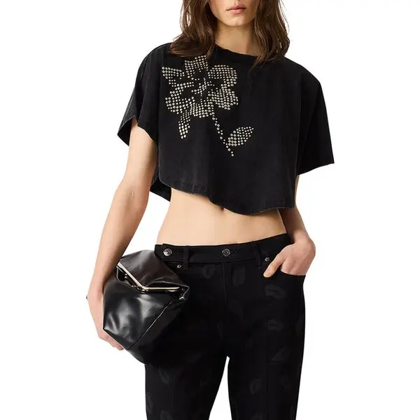 Steve Madden Callum Embellished Floral Graphic Top - Black