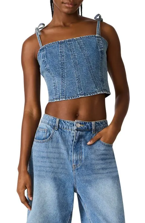 Steve Madden Meaghan Seamed Cotton Blend Denim Crop Top - Blue Heather