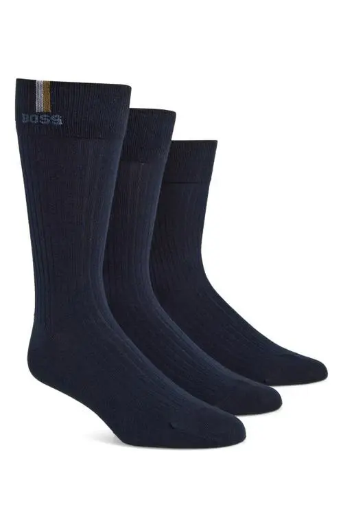 BOSS 3-pack Iconic Ribbed Crew Socks - Dark Blue