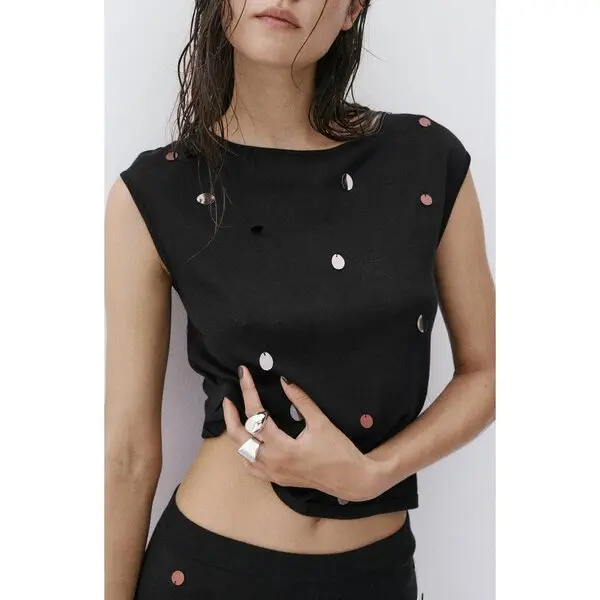 Mango Sequined Short Sleeve Top