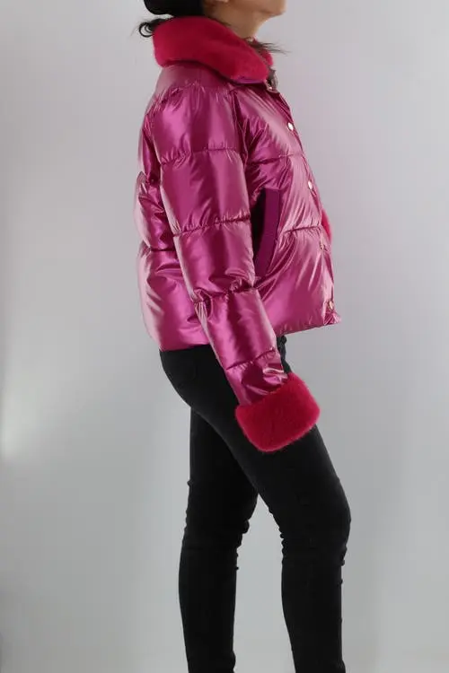 La Fiorentina Metallic Puffer Jacket With Faux Fur Collar