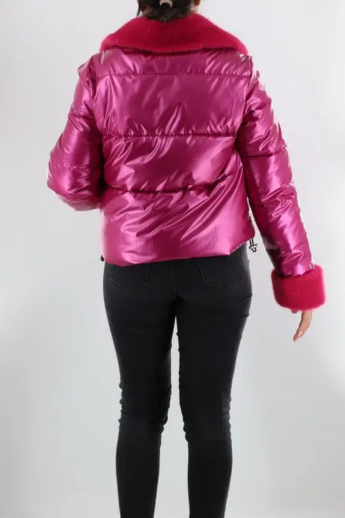 La Fiorentina Metallic Puffer Jacket With Faux Fur Collar