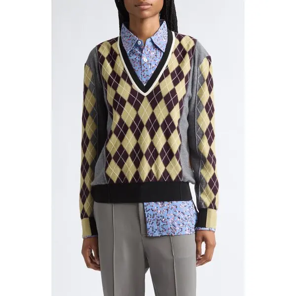 ZANKOV Colorblock Argyle Merino Wool V-neck Sweater