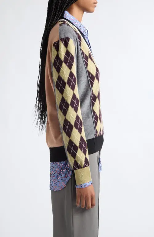 ZANKOV Colorblock Argyle Merino Wool V-neck Sweater