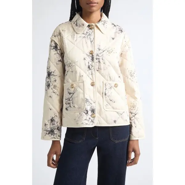 Cinq À Sept Sketched Floral Alexa Quilted Jacket - Gardenia/black